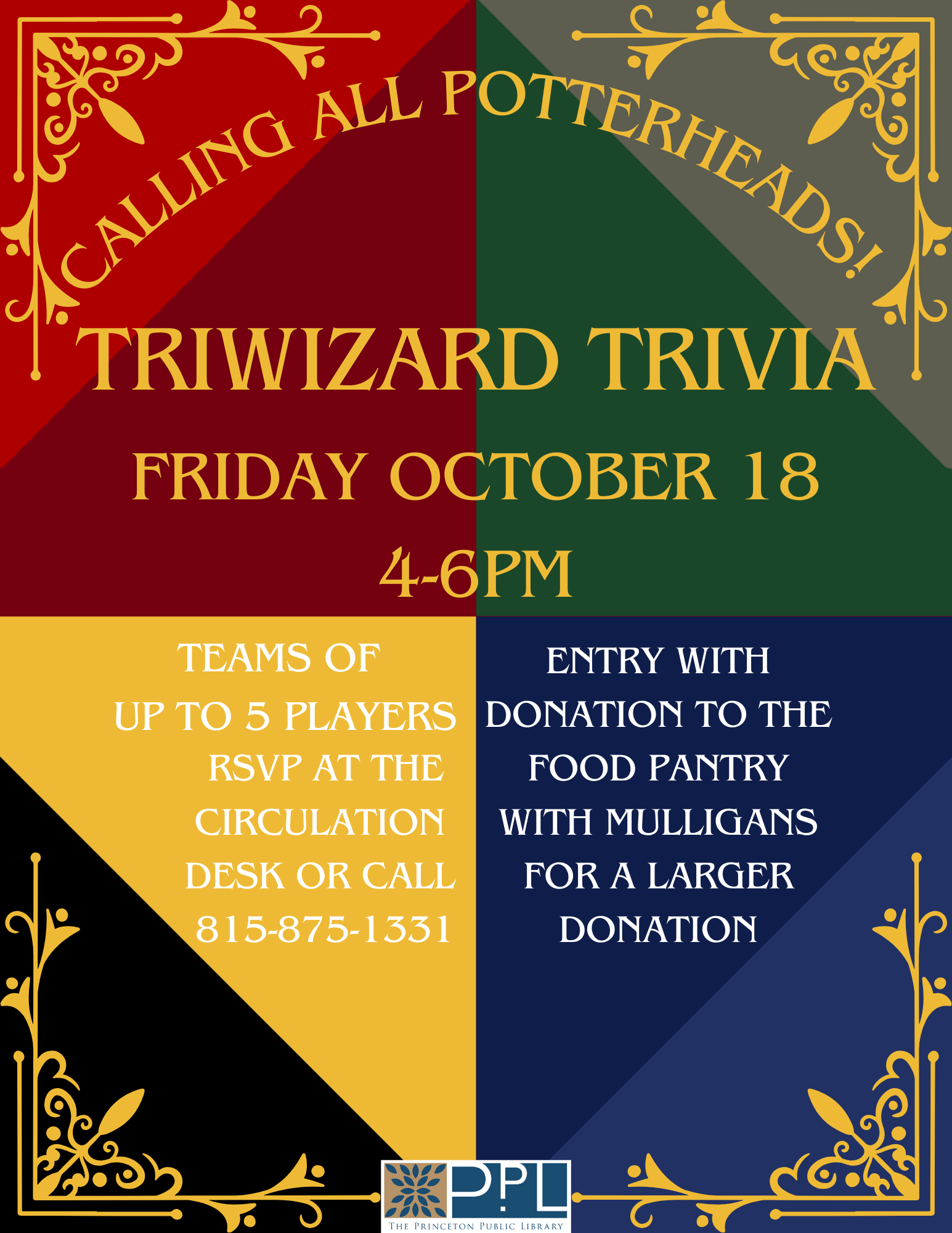 Triwizard Trivia Tournament at PPL, Friday, Oct 18, 4–6 pm
